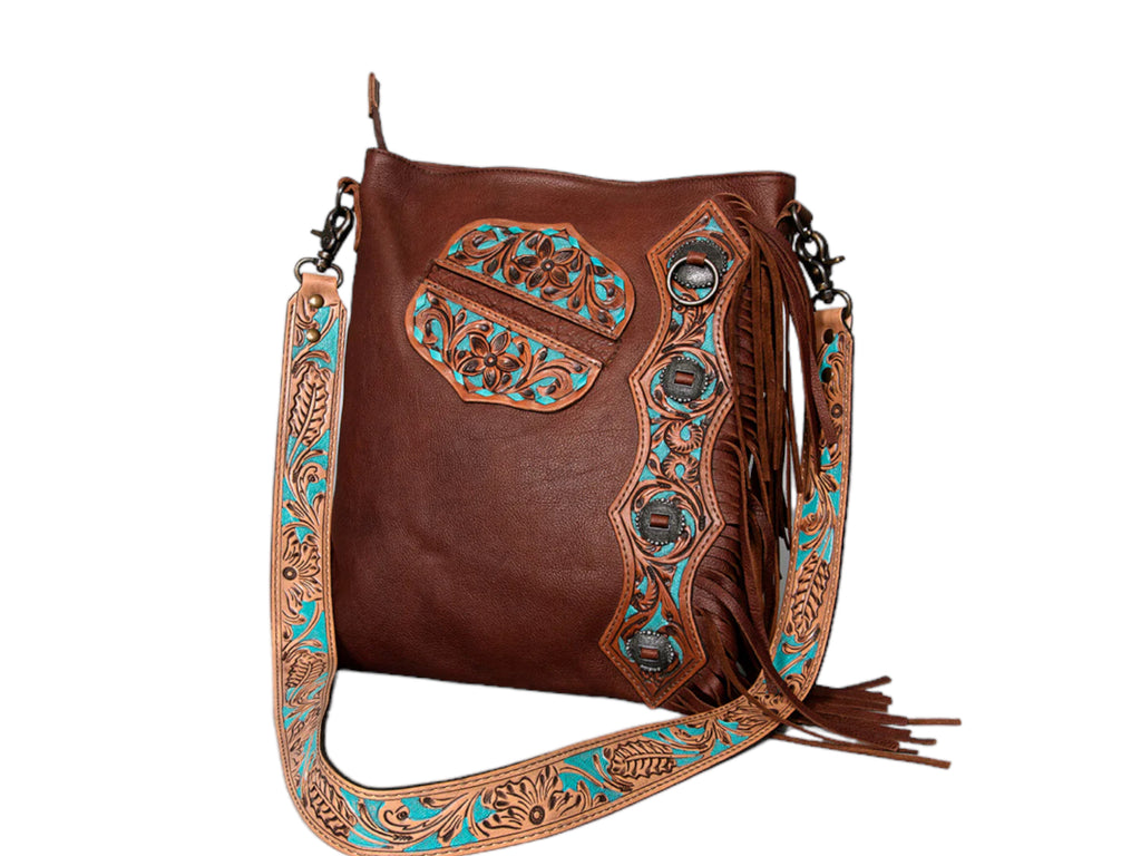 AMERICAN DARLING Full Grain Leather Chap bag with Fringes Turquoise In ...